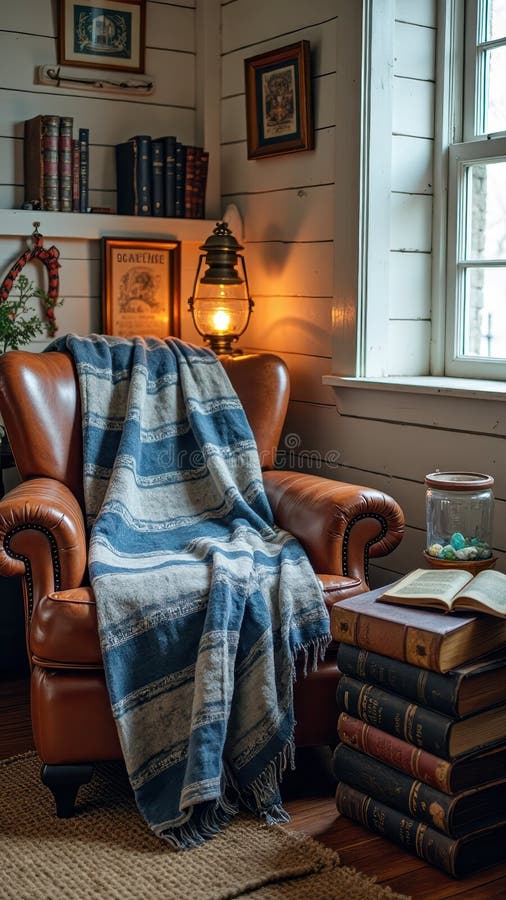 Cozy Reading Corner with Leather Chair and Warm Wool Blanket by Window ...