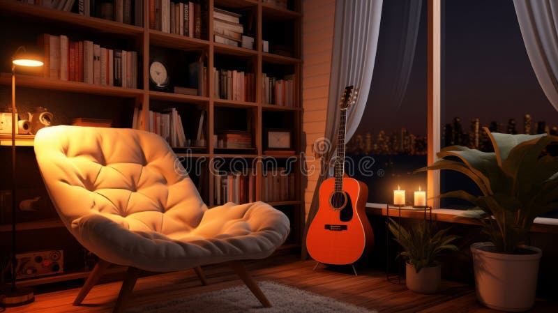 Cozy Reading Corner with a Lofi Music Backdrop Stock Illustration ...