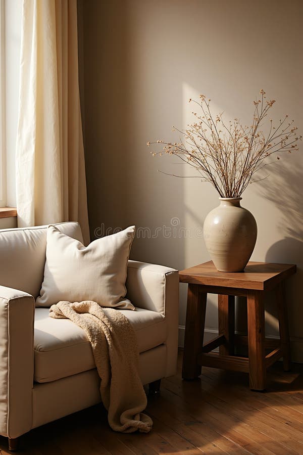 Cozy Reading Corner with Natural Light and Earthy Textures Stock ...