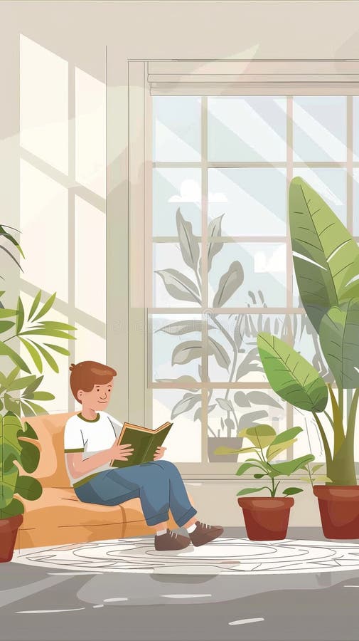 Cozy Reading Corner with Plants and Natural Light Stock Illustration ...