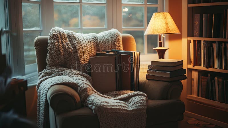 A Cozy Reading Corner with a Plush Chair, a Lamp, and a Stack of Stock ...