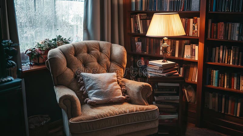 A Cozy Reading Corner with a Plush Chair, a Lamp, and a Stack of Stock ...