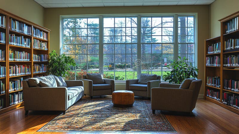 Cozy Reading Corner with Plush Seating and Large Windows Overlooking a ...