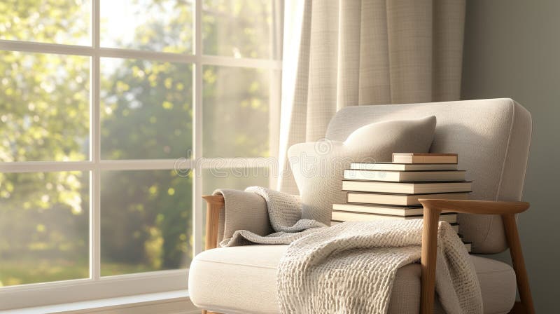 Cozy Reading Corner with a Stack of Books and a Comfy Chair Stock Image ...