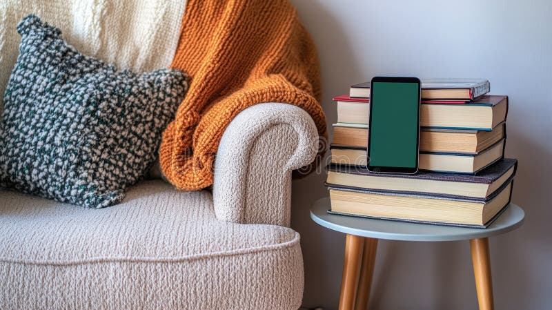 Cozy Reading Corner with Stack of Books and Smartphone Stock Photo ...