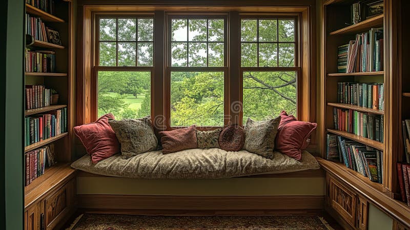 Cozy Reading Nook with a View of Snowy Outdoors and a Warm Ambiance in ...
