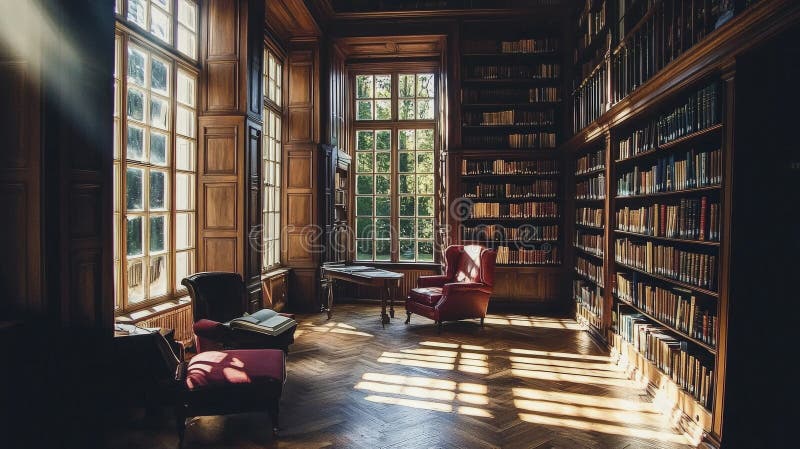Cozy Reading Experience in Grand Library with Towering Bookshelves ...