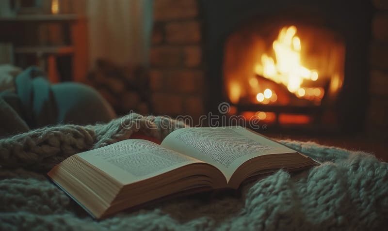 Cozy Reading by the Fireplace with an Open Book and Warm Blanket Stock ...