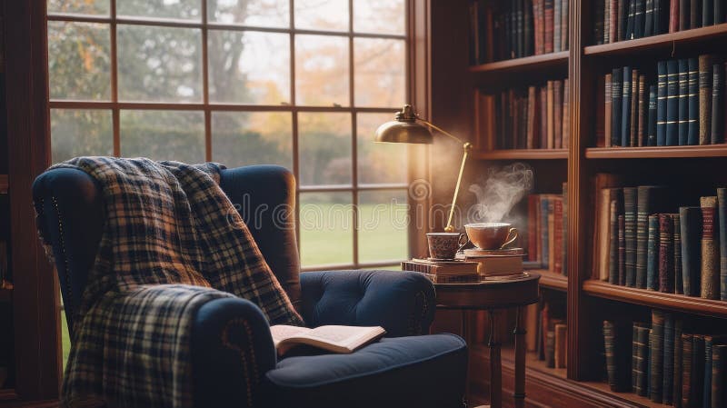 Cozy Reading Nook with Armchair and Steaming Coffee in Home Library ...