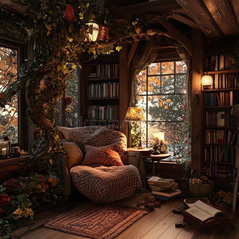 Cozy Reading Nook with Autumn Foliage View through Window in Rustic ...