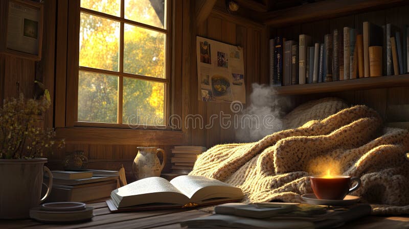 A Cozy Reading Nook with a Blanket and a Steaming Cup of Tea. Picture ...