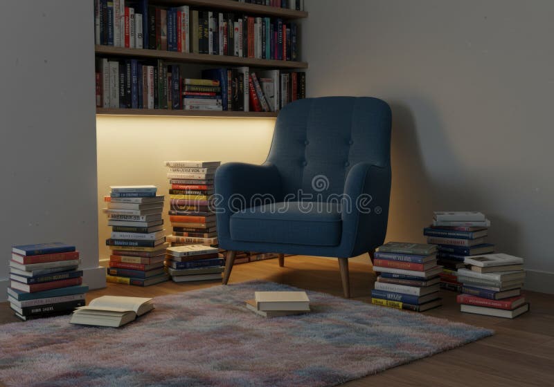 Cozy Reading Nook with Blue Armchair and Book Stacks Stock Illustration ...