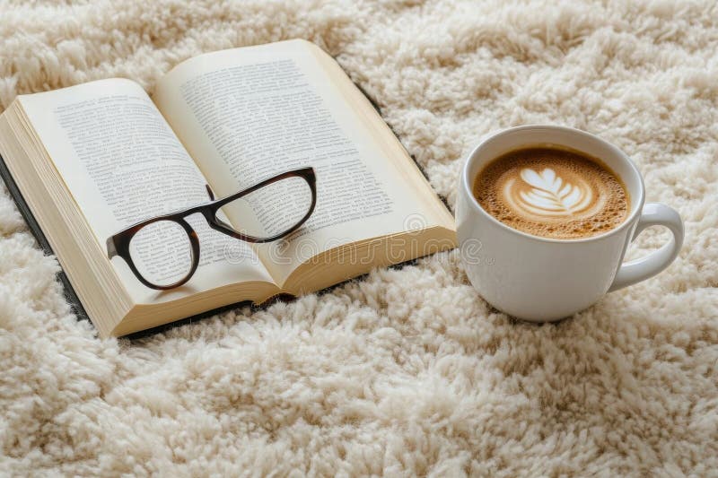 Cozy Reading Nook, Book, Coffee, and Glasses on a Fluffy Rug Stock ...