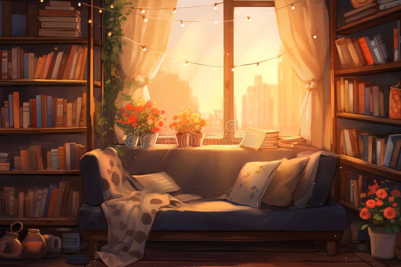 A Cozy Reading Nook with a Bookshelf Self Care Background Stock ...