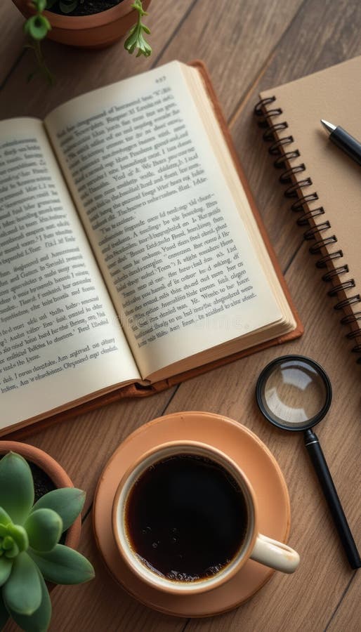 Cozy Reading Nook with Coffee, an Open Book, and a Notebook Stock Photo ...