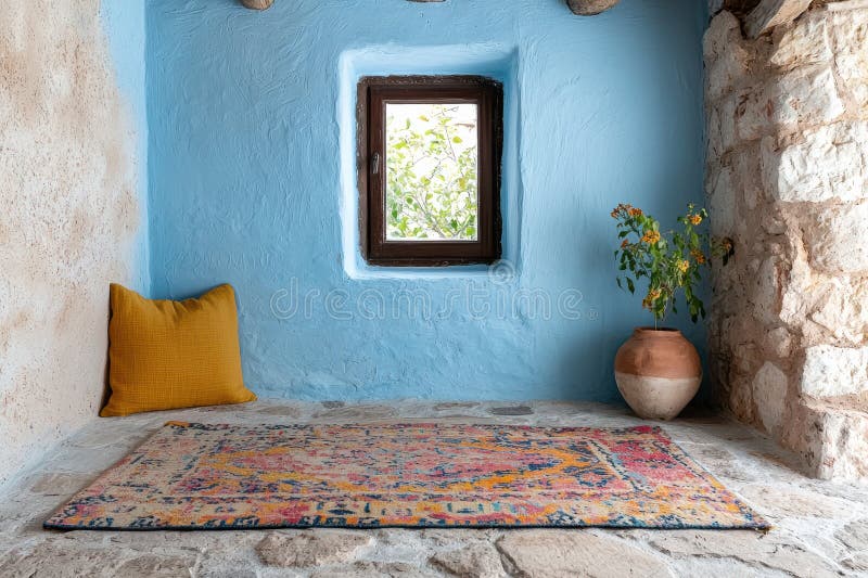 Cozy Reading Nook with Colorful Rug and Pillow in a Rustic Room Stock ...