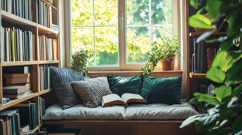 A Cozy Reading Nook with a Comfortable Couch and a Window with Potted ...