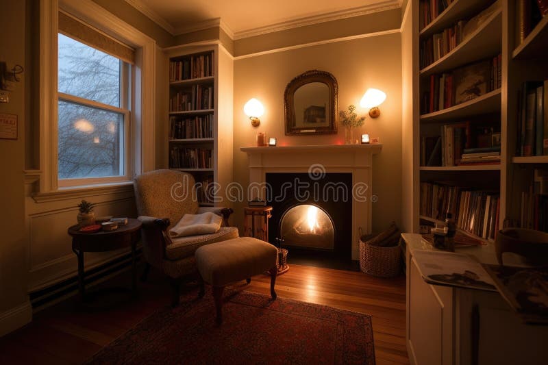 Cozy Reading Nook with Comfy Armchair, Bookcase, and Fireplace Stock ...