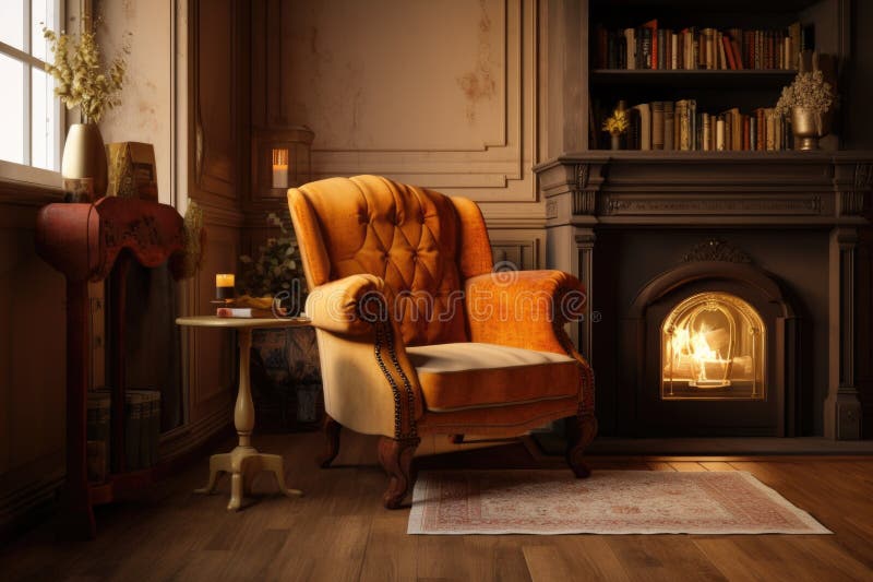 Cozy Reading Nook with Comfy Armchair, Bookcase, and Fireplace Stock ...