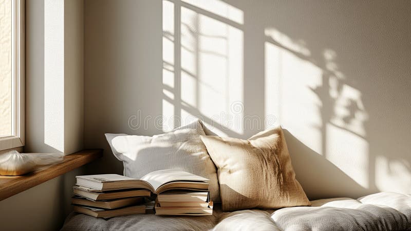 A Cozy Reading Nook with Cushions and a Stack of Books Against a Stock ...