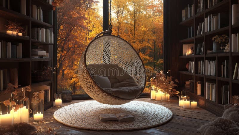A Cozy Reading Nook with an Elegant Hanging Chair. Generative AI. Stock ...
