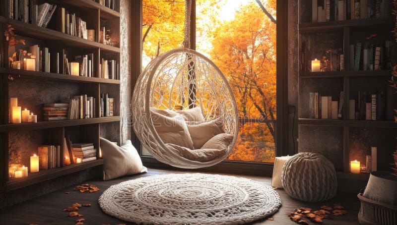 A Cozy Reading Nook with an Elegant Hanging Chair. Generative AI. Stock ...