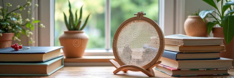 Cozy Reading Nook with Embroidery Hoop and Books by Sunlit Window Stock ...