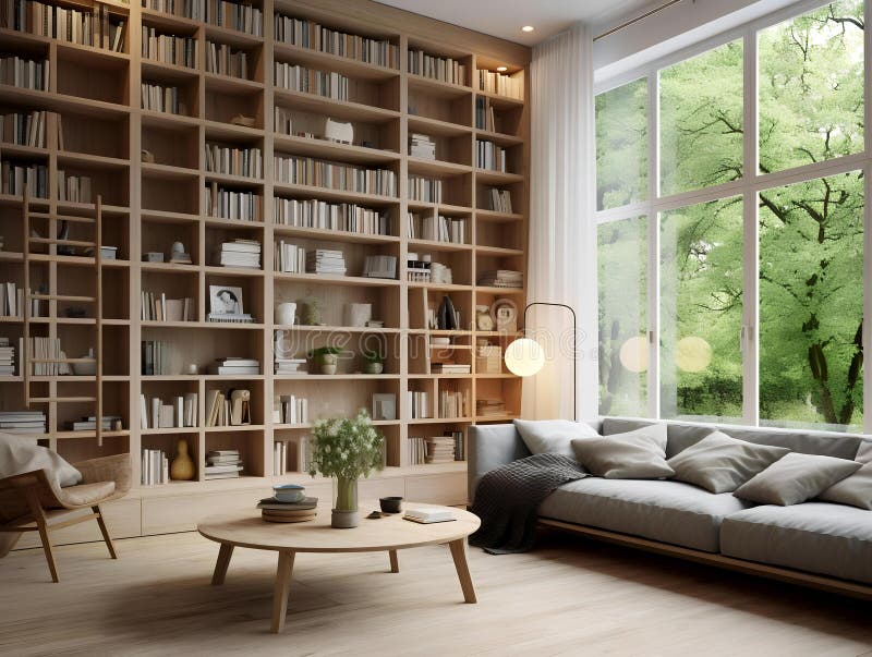 Modern Living Room with Large Wooden Bookcase, Comfortable Sofa, and Natural Light Stock ...