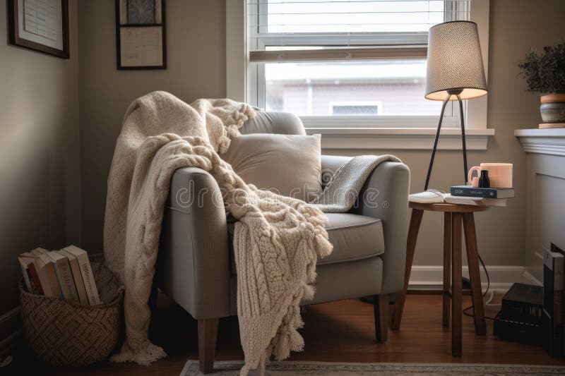 Cozy Reading Nook with Floor Lamp, Cozy Blanket, and Stack of Books on ...