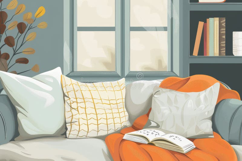 Cozy Reading Nook with Fluffy Pillows Stock Illustration - Illustration ...