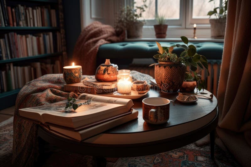 Cozy Reading Nook with a Hot Cup of Tea, Surrounded by Books and ...