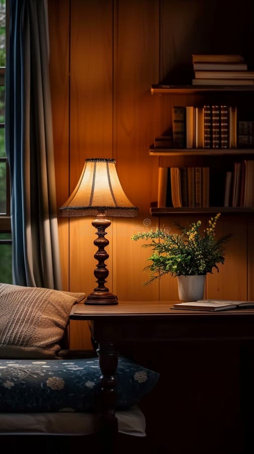 Cozy Reading Nook Lamp Illuminates Table beside a Book Stock ...
