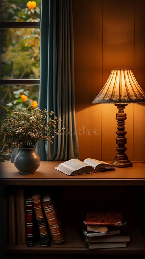Cozy Reading Nook Lamp Illuminates Table beside a Book Stock ...