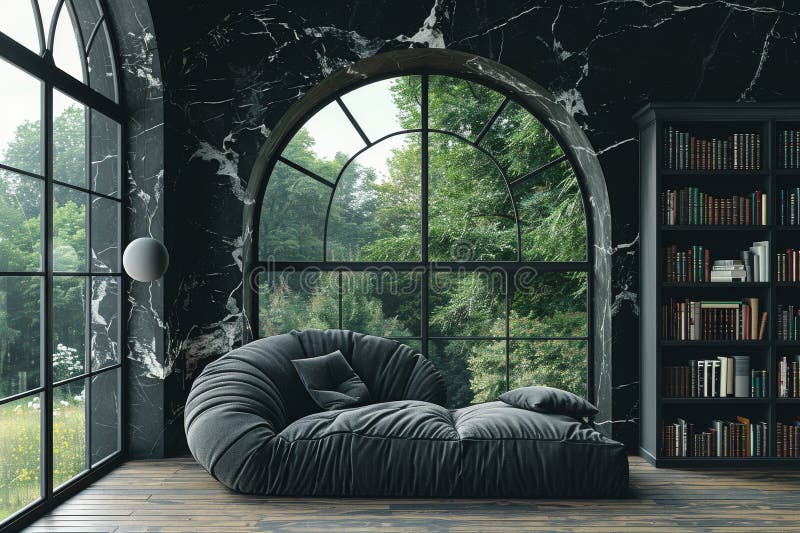 Cozy Reading Nook with Large Arched Window Overlooking Lush Greenery ...