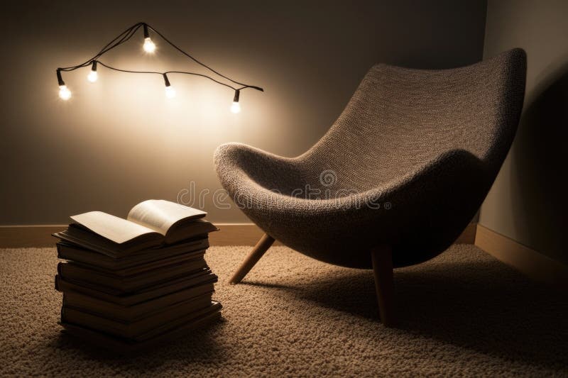 Cozy Reading Nook with Modern Chair, Books, and Warm Lighting Stock ...