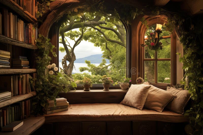 Cozy Reading Nook with Nature View Stock Photo - Image of corner ...