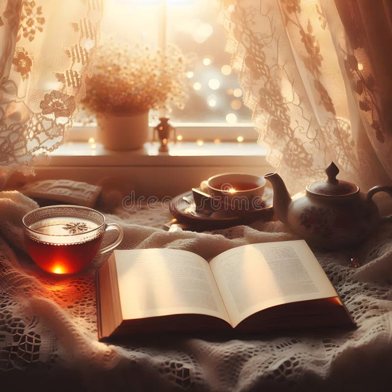 A Cozy Reading Nook with an Open Book and a Cup of Tea, Framed by a ...