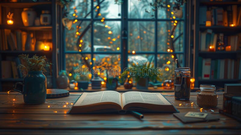 Cozy Reading Nook with Open Book and String Lights - Generative Ai ...