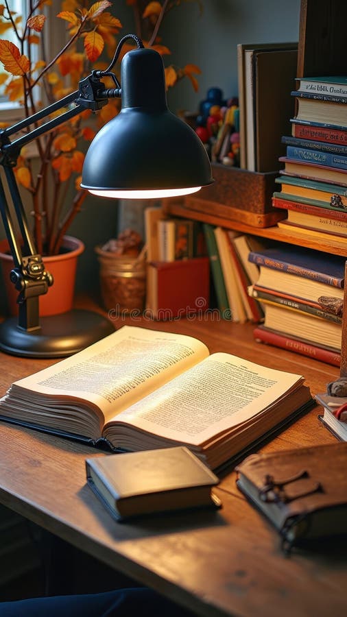 Cozy Reading Nook with Open Book, Warm Lamp Light, and Stack of Books ...