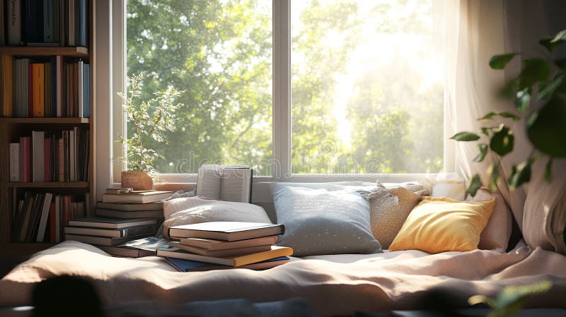 A Cozy Reading Nook with Pastel Cushions, Stacks of Books, and Stock ...