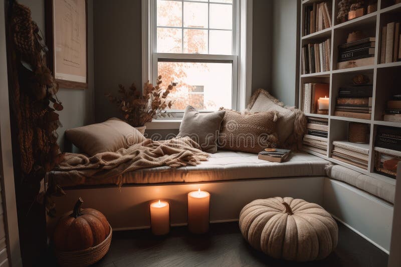 Cozy Reading Nook with Plush Pillows and a Stack of Books Stock Image ...
