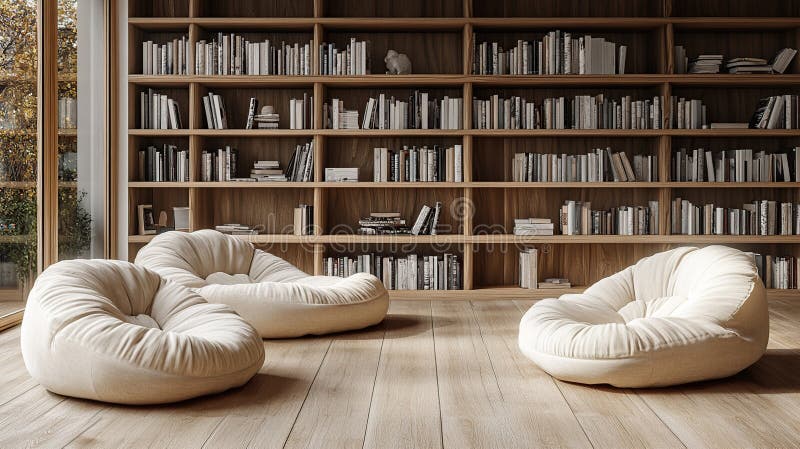 Cozy Reading Nook with Plush Seating and a Large Bookshelf Stock Illustration - Illustration of ...