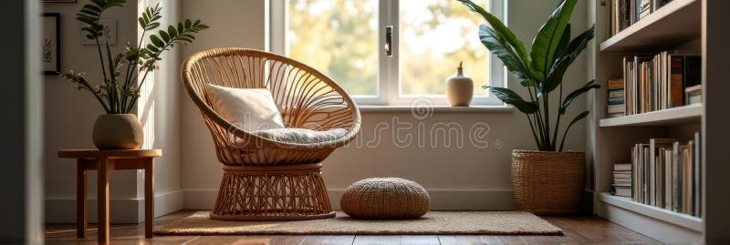 Cozy Reading Nook with Rattan Chair and Sunlight Stock Image - Image of ...