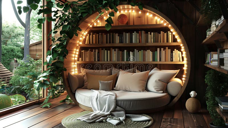 Cozy Reading Nook with Round Bookshelf and String Lights. AI Generated ...