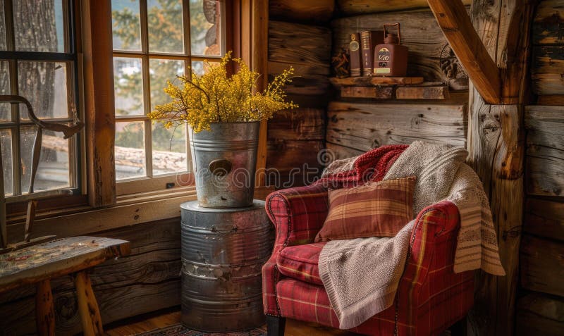 A Cozy Reading Nook in a Rustic Cabin Stock Image - Image of retro ...