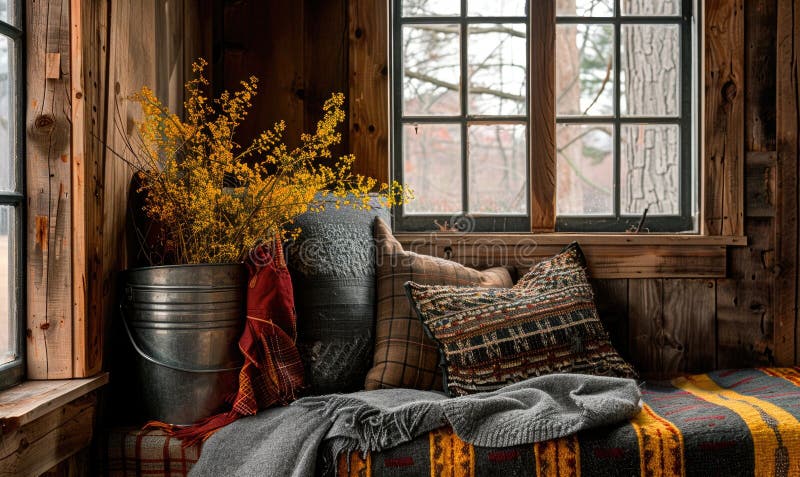 A Cozy Reading Nook in a Rustic Cabin Stock Image - Image of orange ...