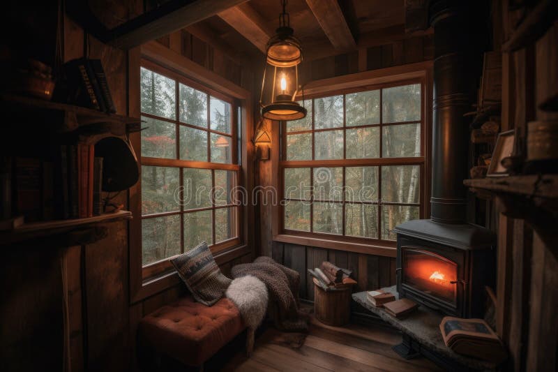 Cozy Reading Nook in Rustic Cabin with Lantern Lighting, View of the ...