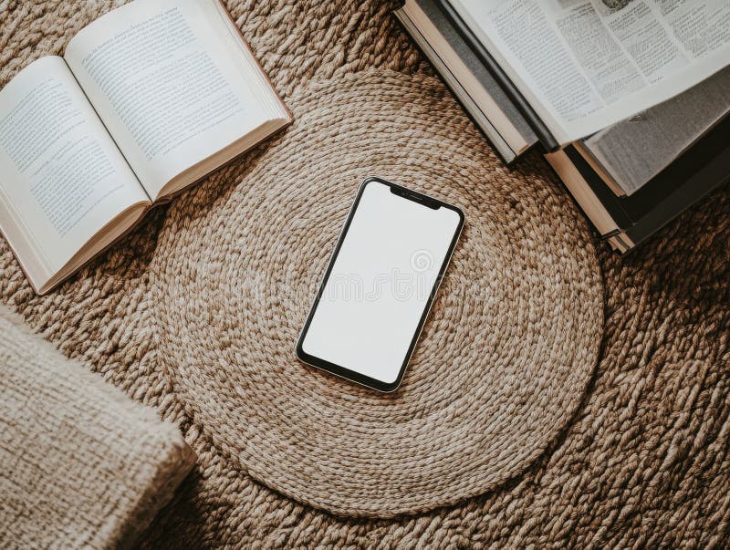 Cozy Reading Nook: Smartphone, Books, and Textured Rug Stock ...