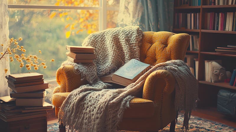 A Cozy Reading Nook with a Soft Armchair, a Blanket, and a Stack of ...