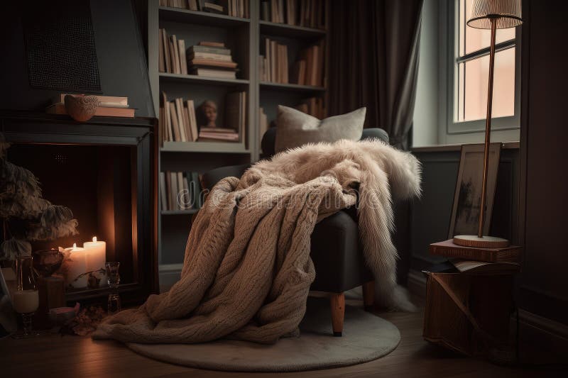 Cozy Reading Nook with Soft Blankets and a Stack of Books Stock ...